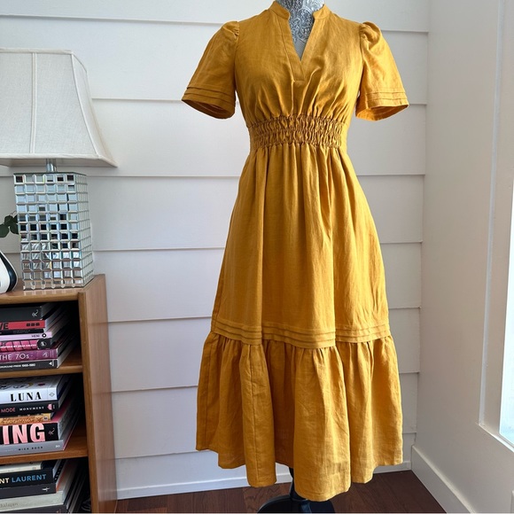 Boden | Dresses | Boden Linen Pintuck Detail Harvest Gold Midi Dress ...